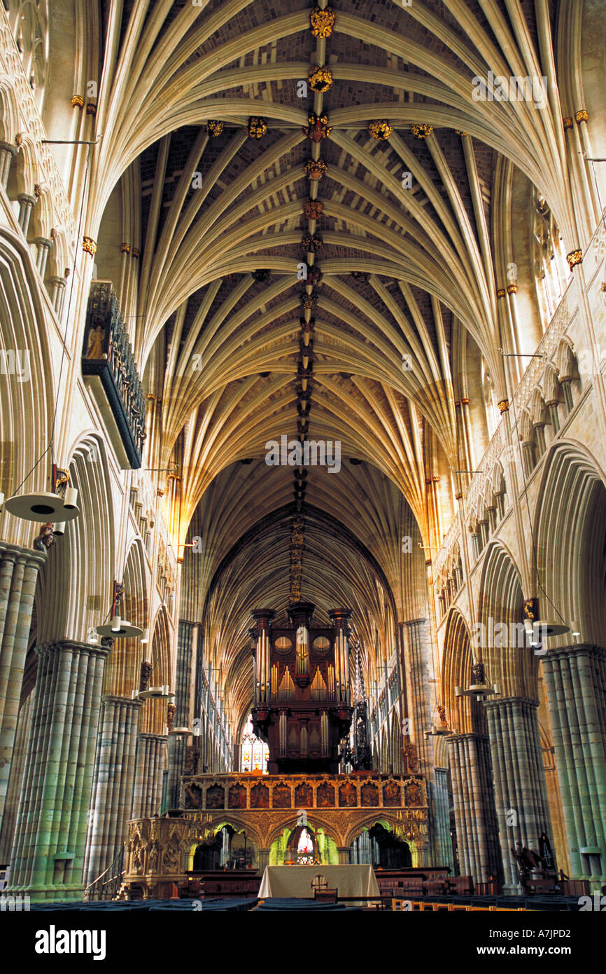 The interior of Exeter Cathedral showing the Gothic vaulted ceiling the ...