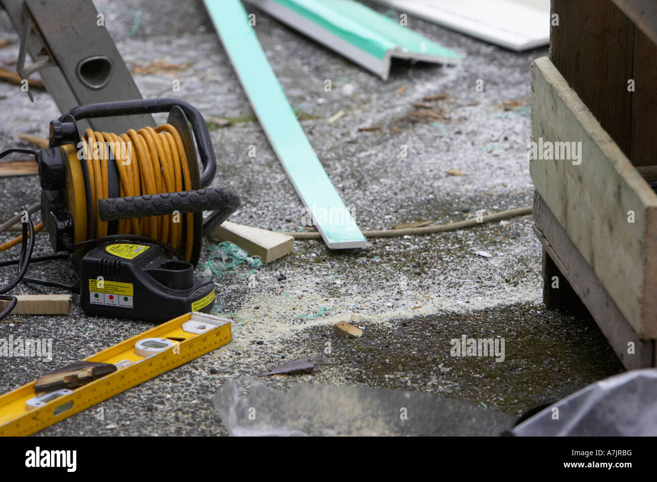 selection of tools and work area installation of white pvc cladding ...