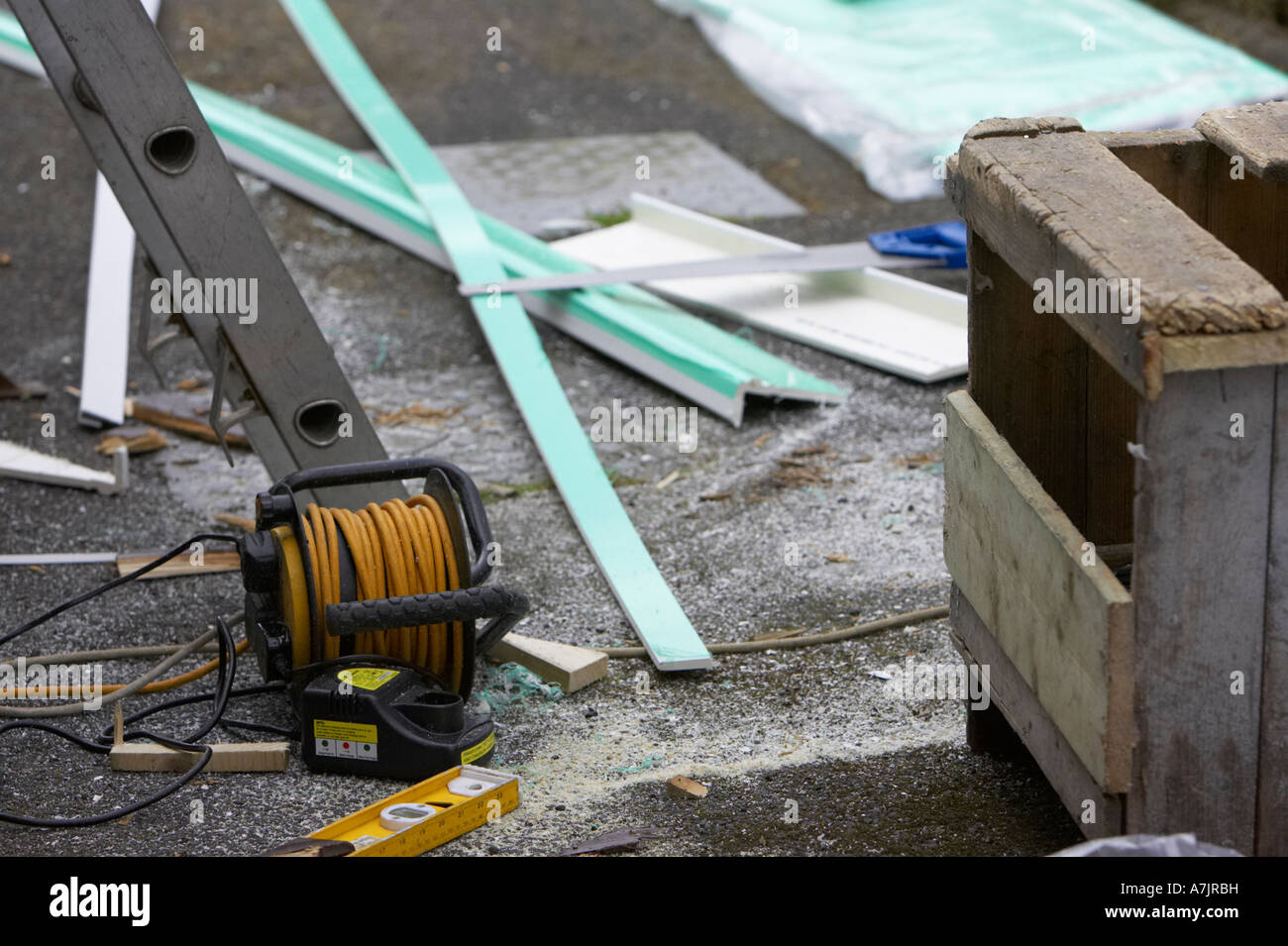 selection of tools and work area installation of white pvc cladding ...