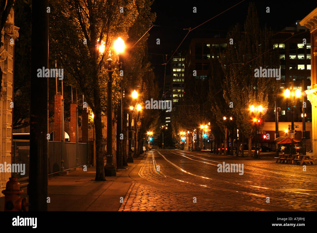 Streetcar track at night Stock Photo - Alamy