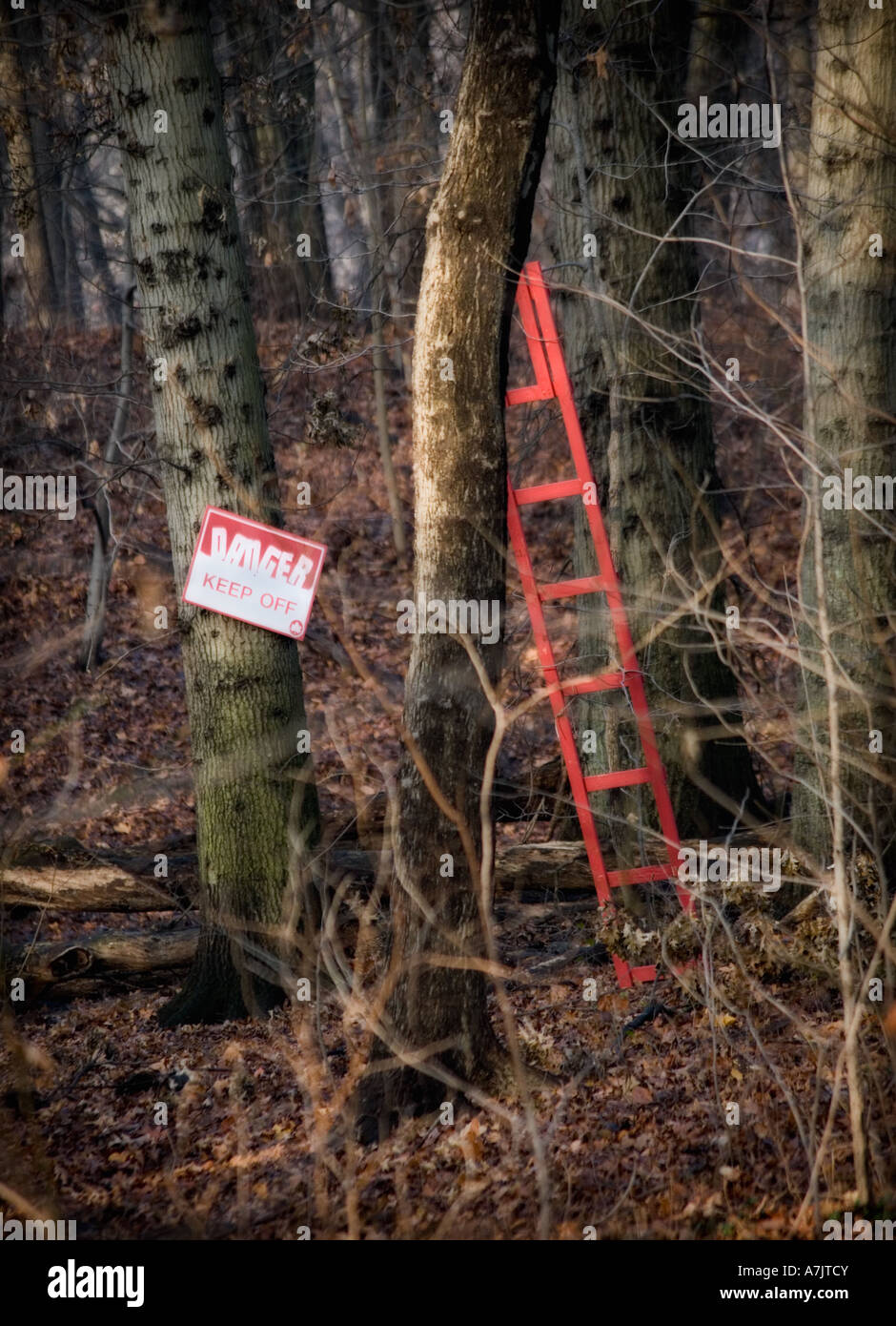 red wooden ladder in the woods next to a sign that says danger keep off ...