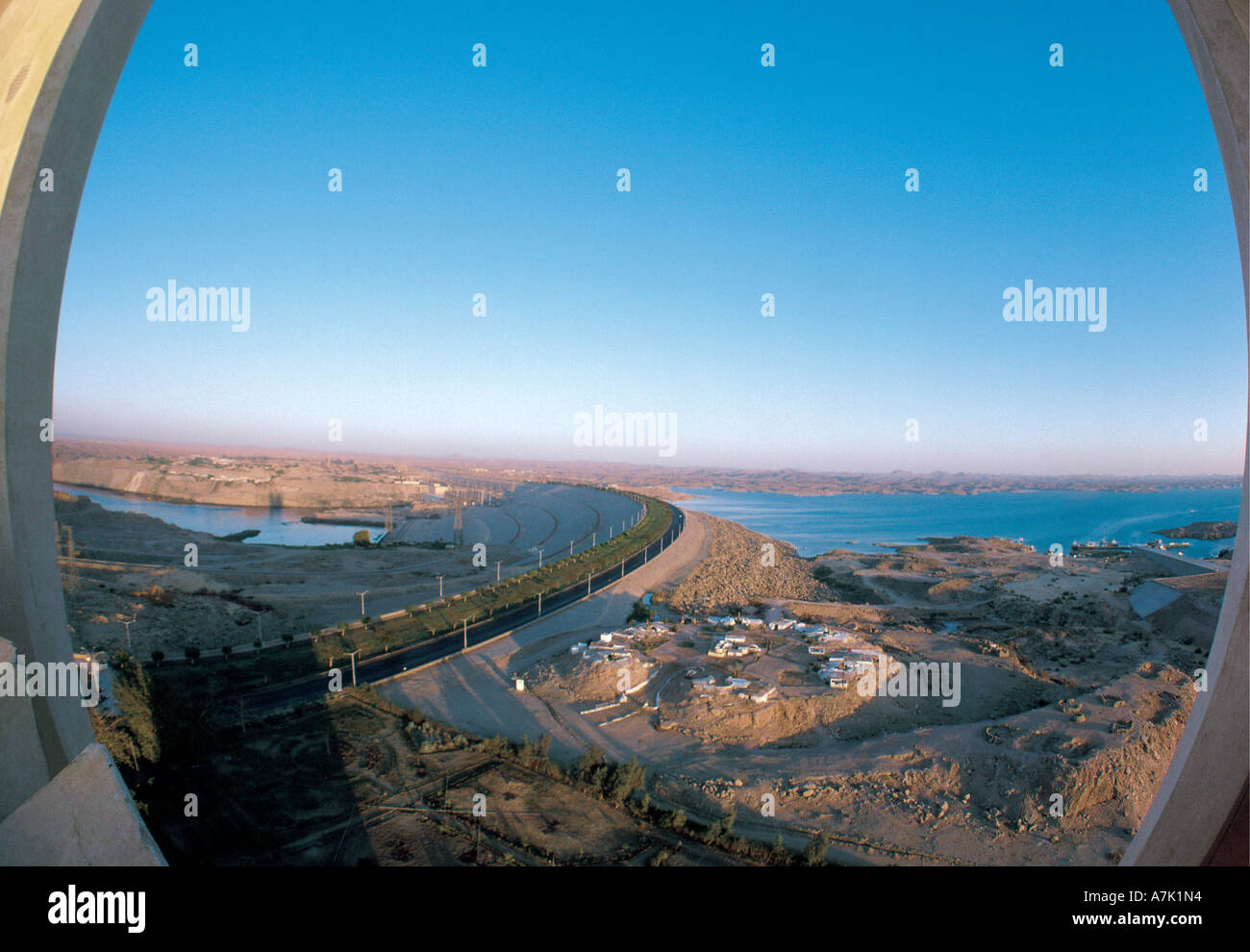 Aswan High Dam with the river Nile on the left and Lake Nasser on the ...