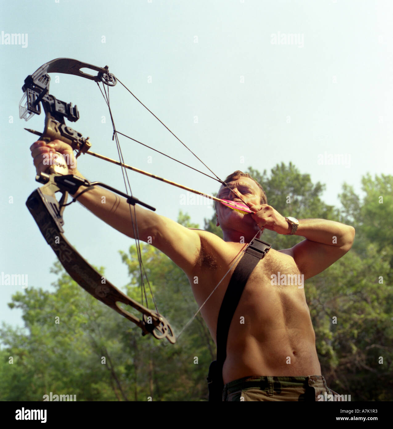 A physically fit bare chested archer draws back his compund bow taking ...