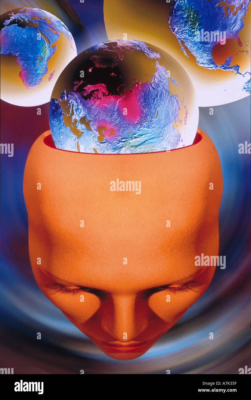 Conceptual image of globes entering head Stock Photo - Alamy