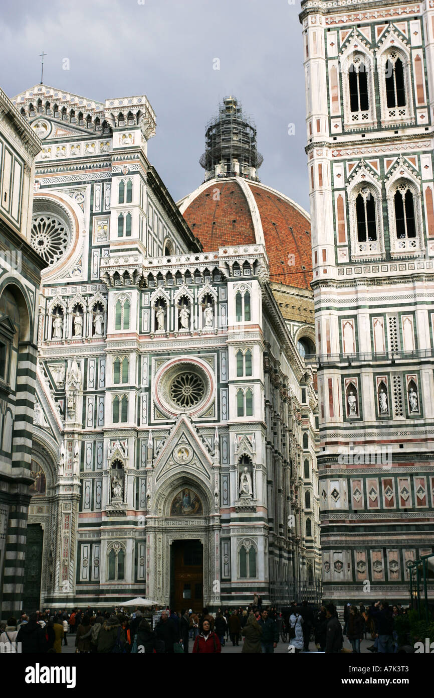 Closeup detail of front marble facade of Florence Cathedral Duomo ...