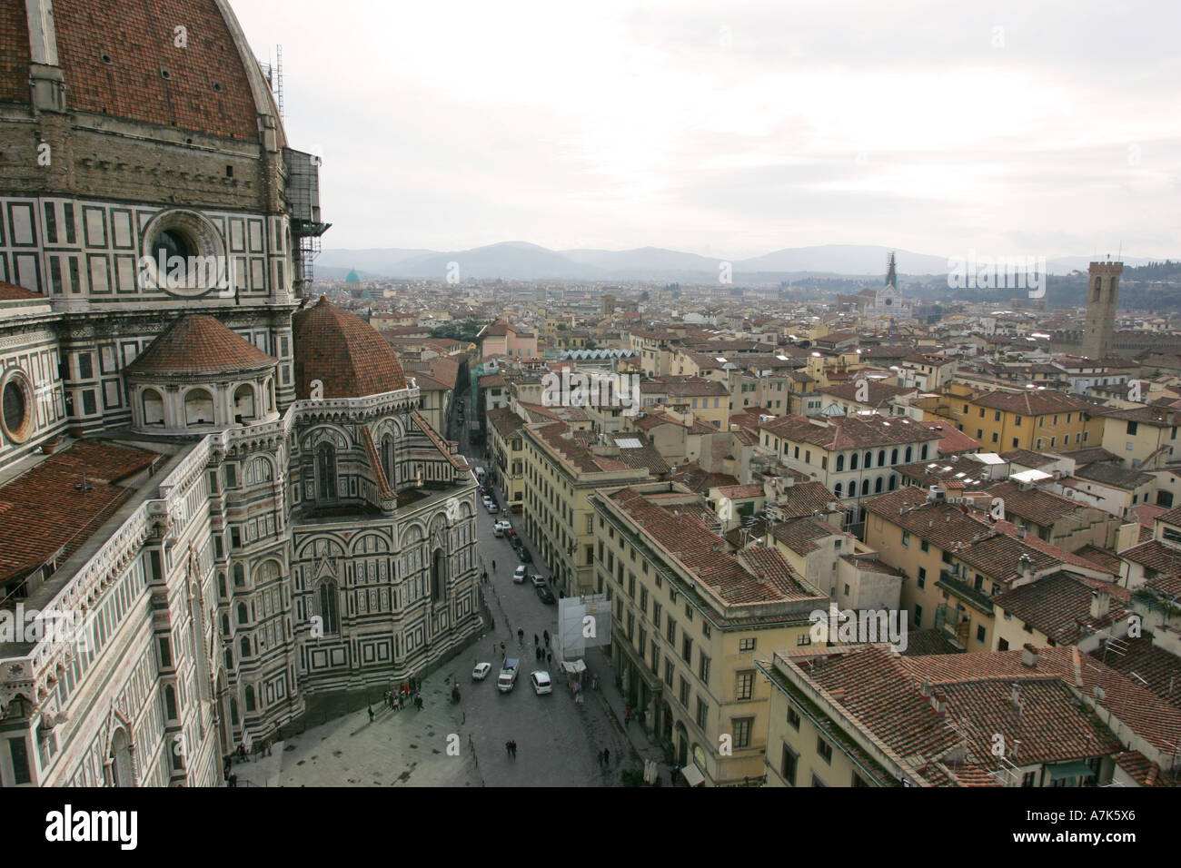Aerial side view of famous Florence Cathedral Duomo and city vista ...