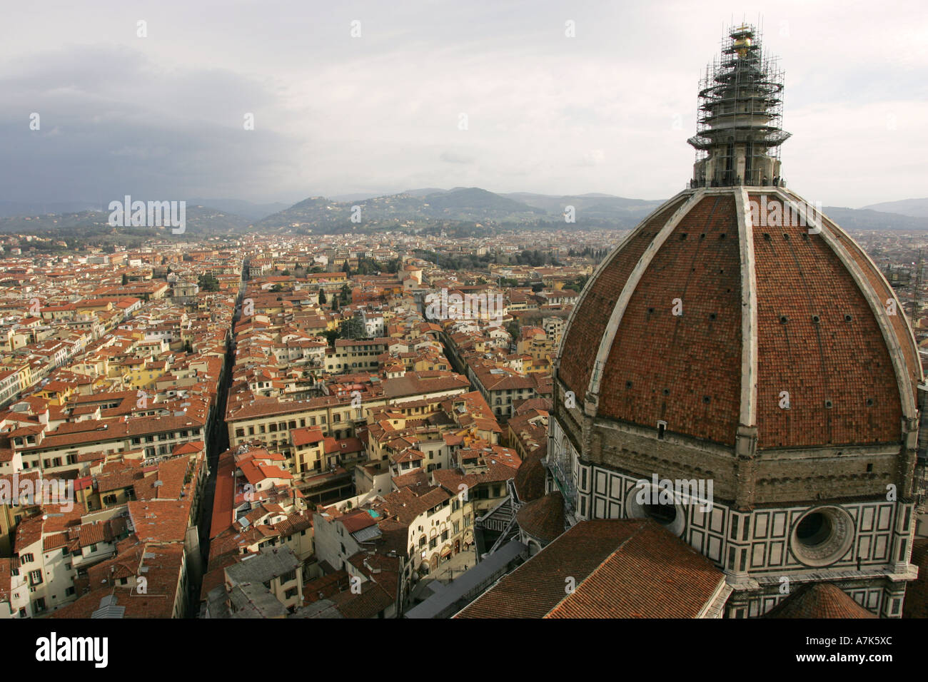 Aerial view of the world famous red domed roof of Florence Cathedral ...