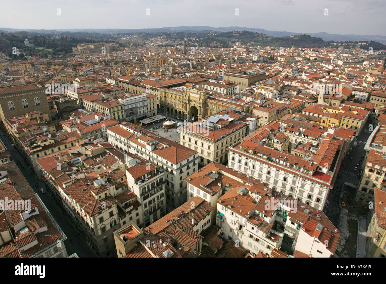 Aerial view city vista of red terracotta roof tops across Florence ...