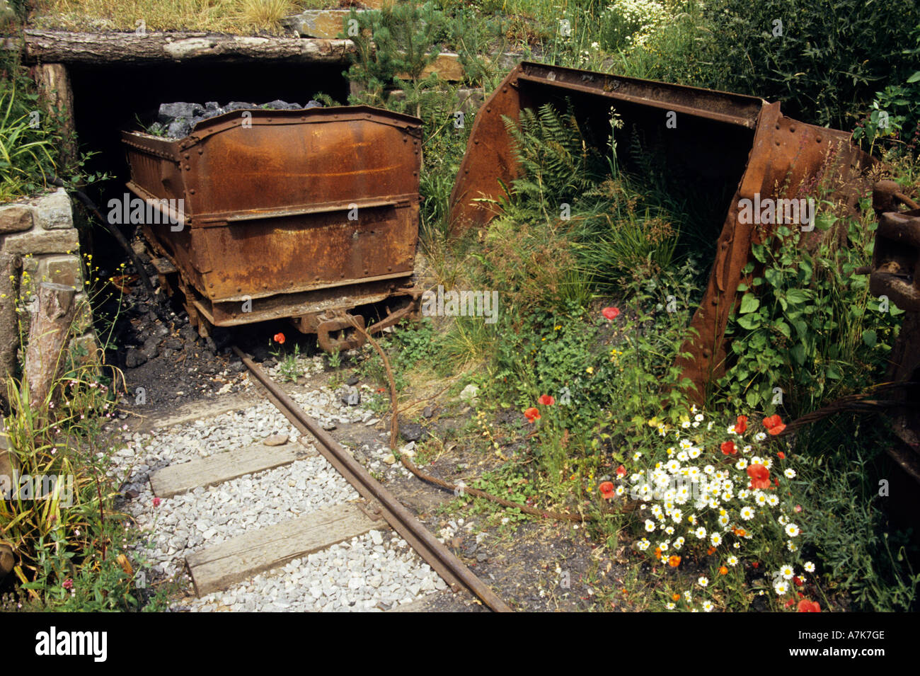 Abandoned mine truck in entrance to mine adit near Ebbw Vale Wales UK ...