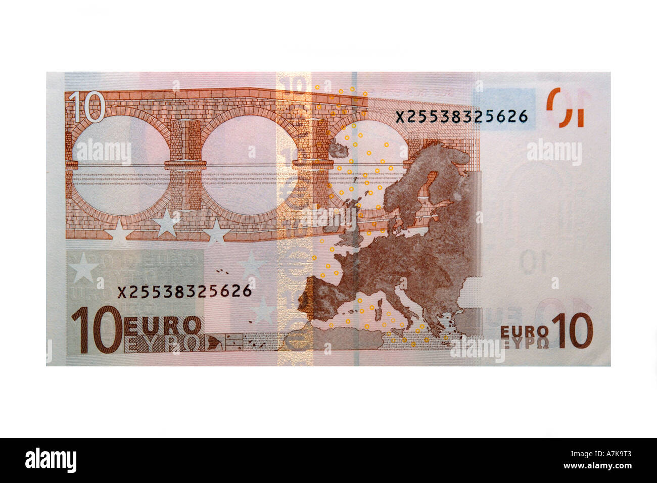 Reverse of a 10 Euro note against a white background Stock Photo - Alamy