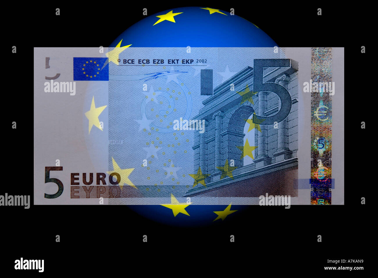 5 Euro note against a background of a Euroball or Planet Euro Stock ...