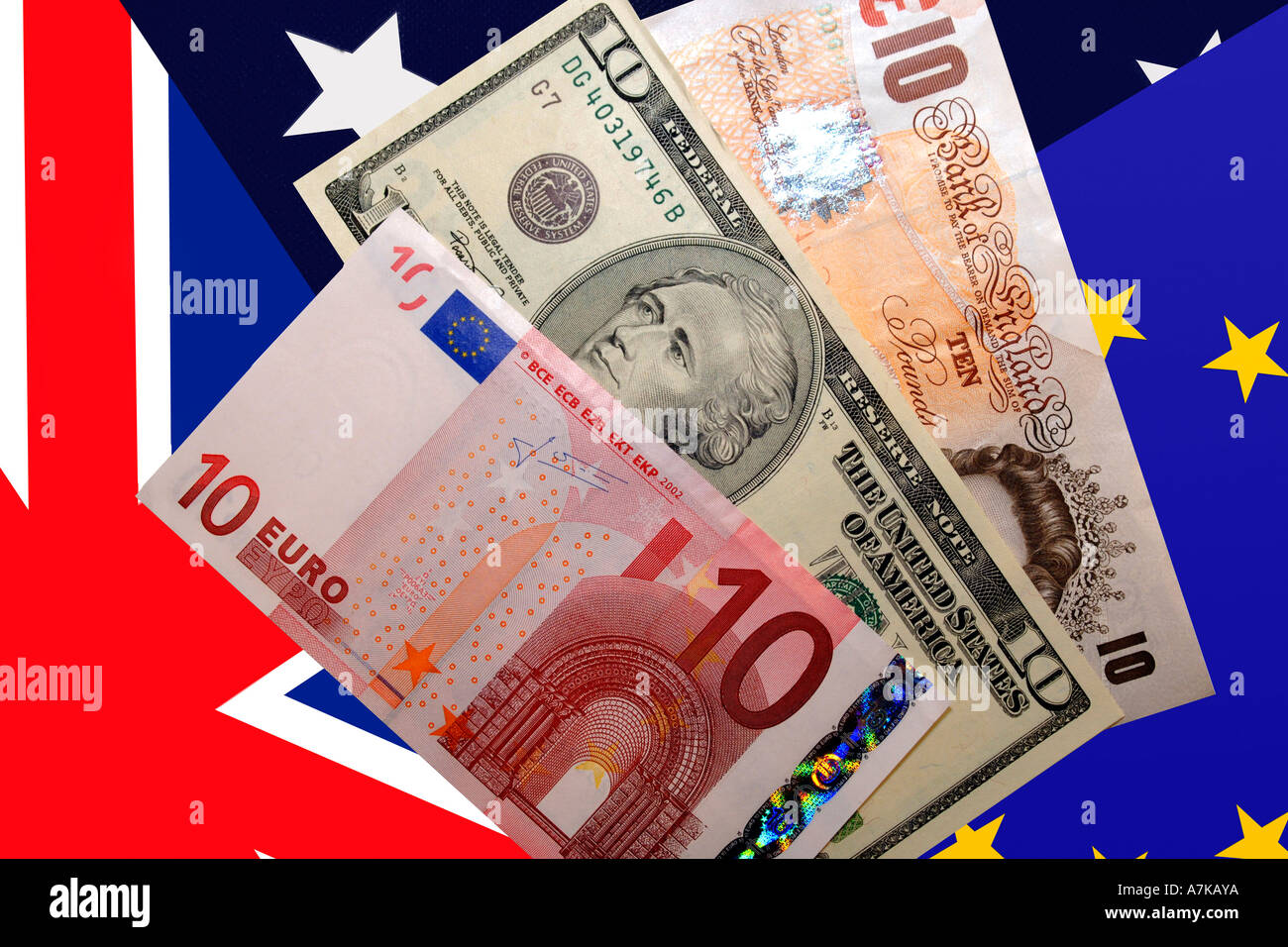 Dominant World currencies against a mixture of World flags Stock Photo ...