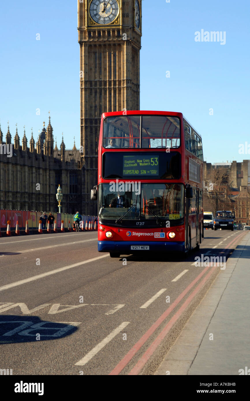 London Red Bus crossing Westminster Bridge, London Stock Photo - Alamy