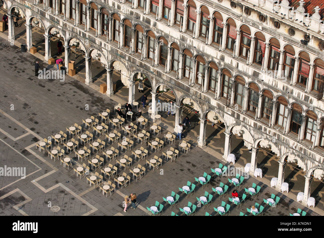 Aerial view of world famous cafe tables and chairs outside Italian ...