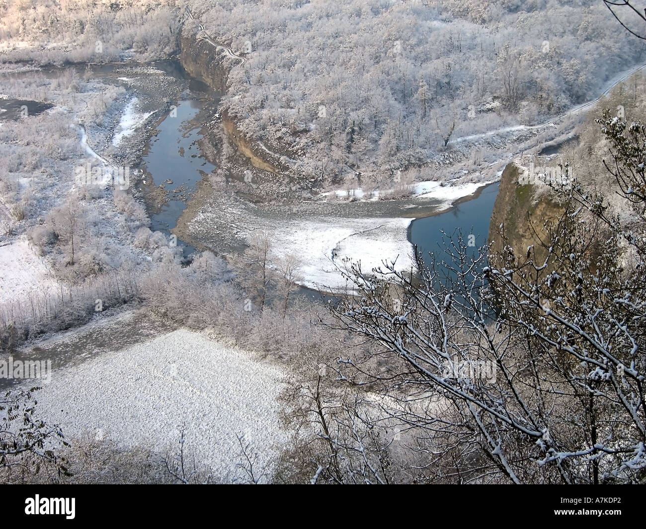 Winter view of river Piota seen from the castle of Lerma Piedmont Italy ...