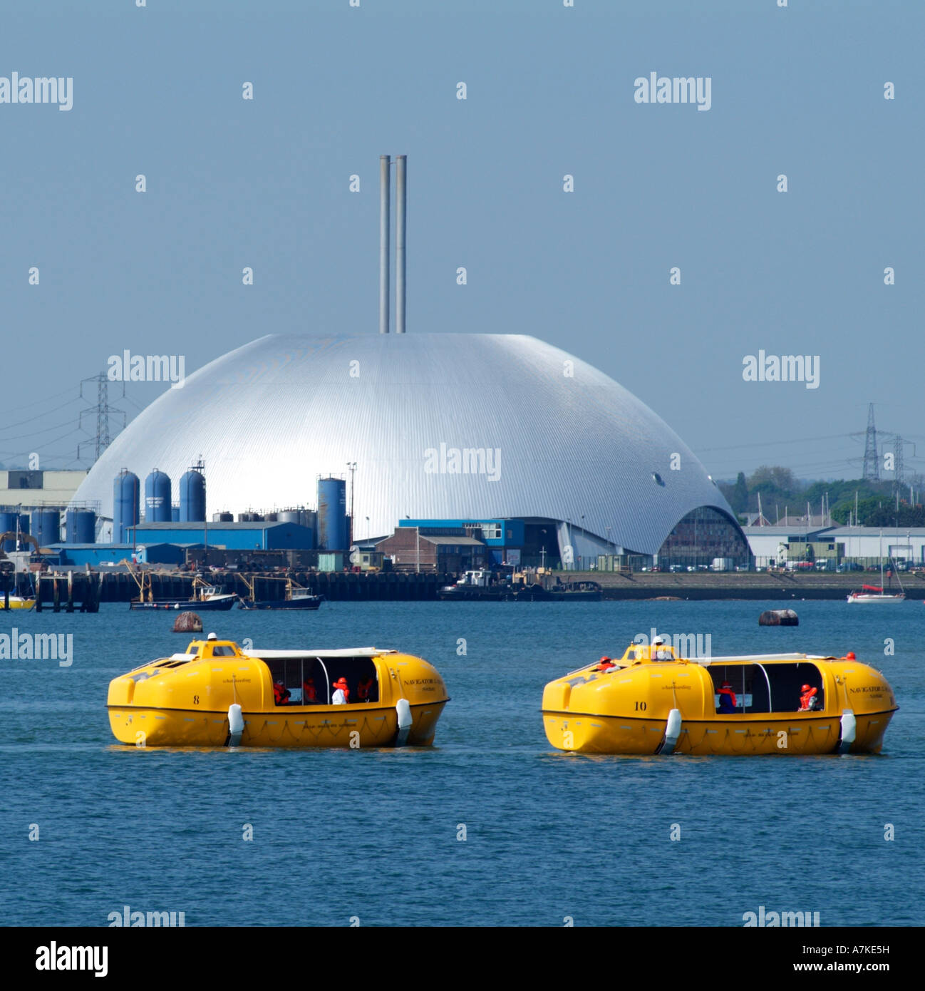 Waste disposal plant. Dome and lifeboats on Southampton Water England ...