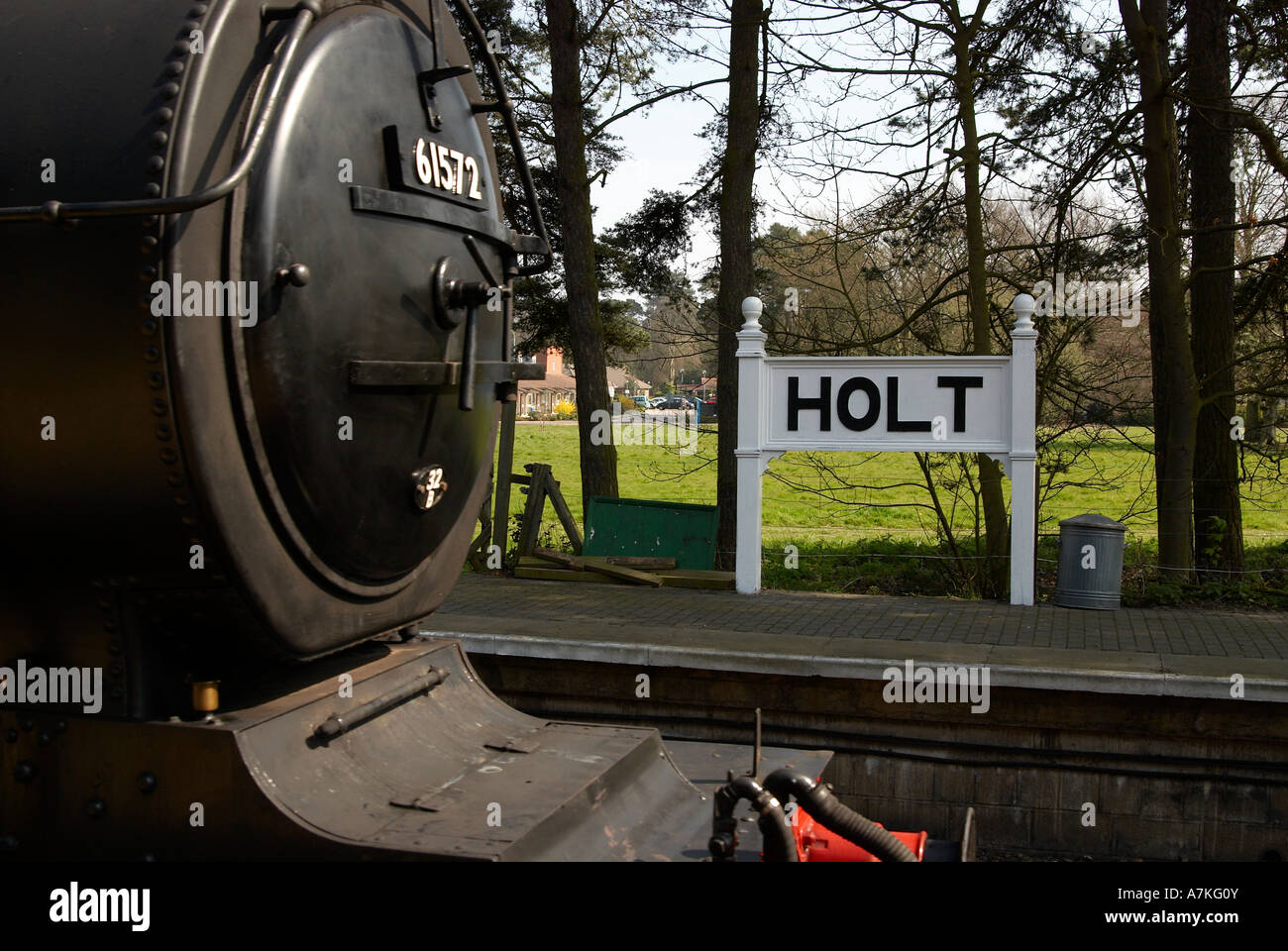 Front of B12 class locomotive at Holt station with station sign in ...