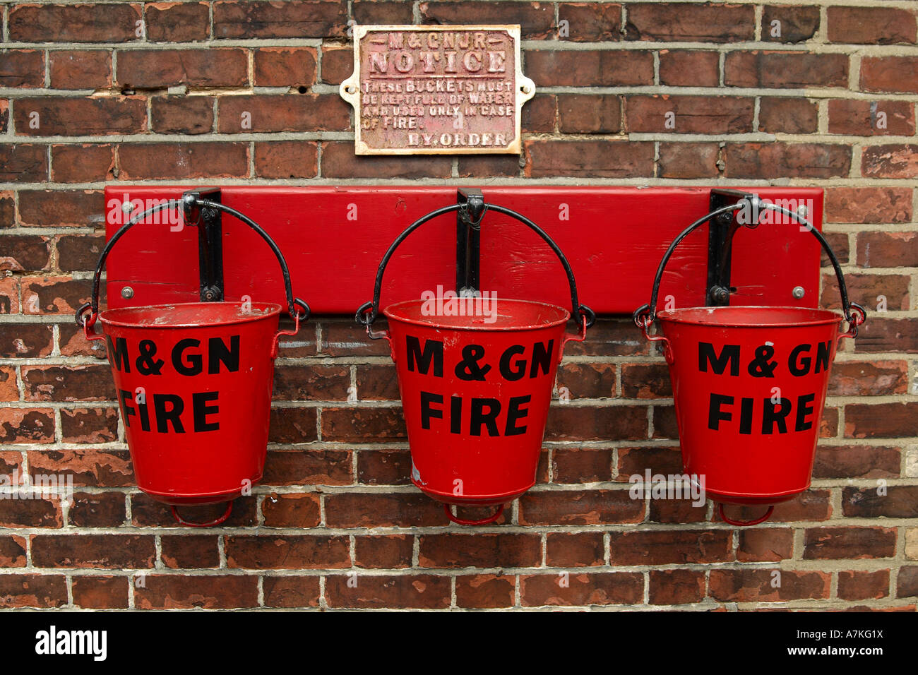 Red M & GN Railway fire buckets and sign, Sheringham Station, North ...
