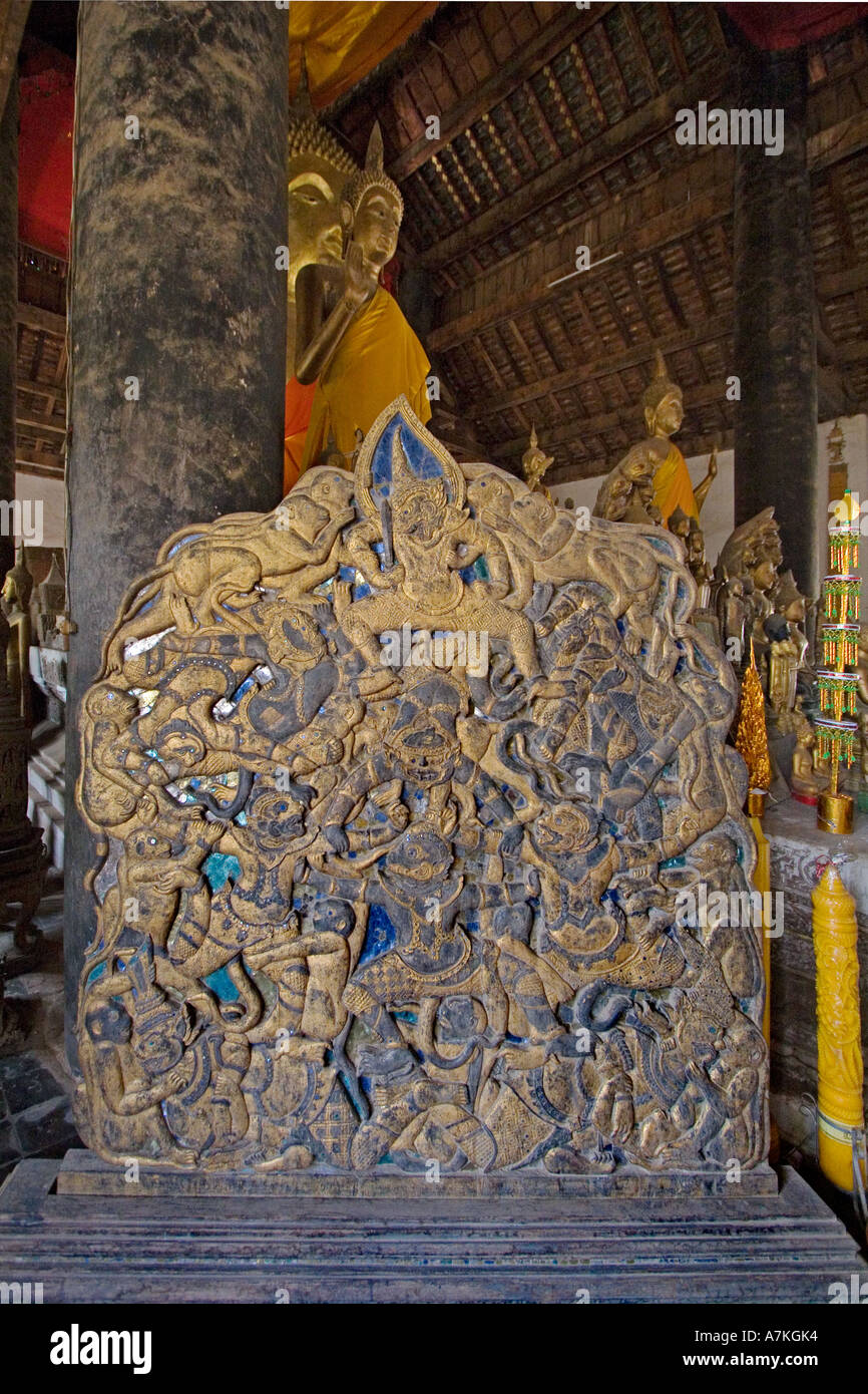 Wooden bas relief of Hanuman myth inside a Wat in the former Provincial ...