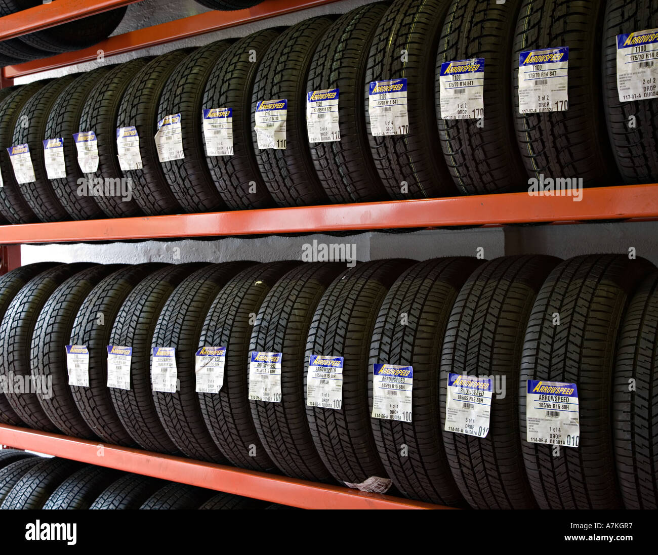 New car tyres on racks in fitting garage Wales UK Stock Photo - Alamy