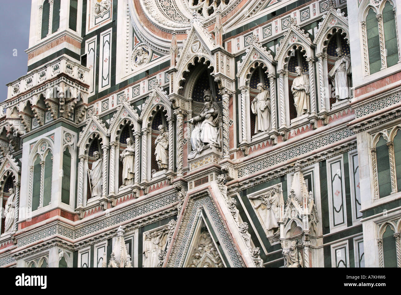 Closeup detail of marble carvings and famous coloured tiles of front ...