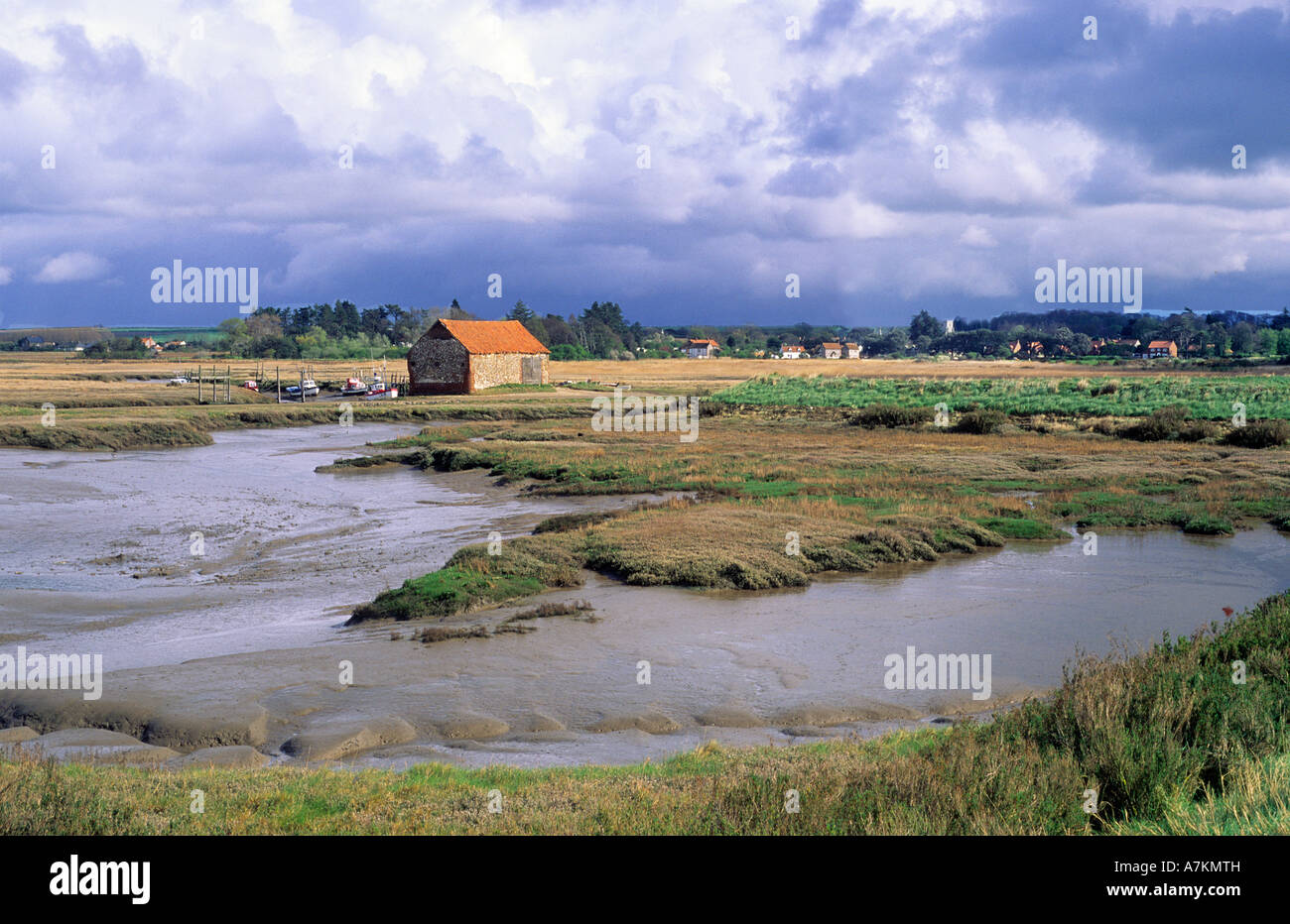 Thornham, Norfolk, Coal barn, creek and village, north west coast, salt ...