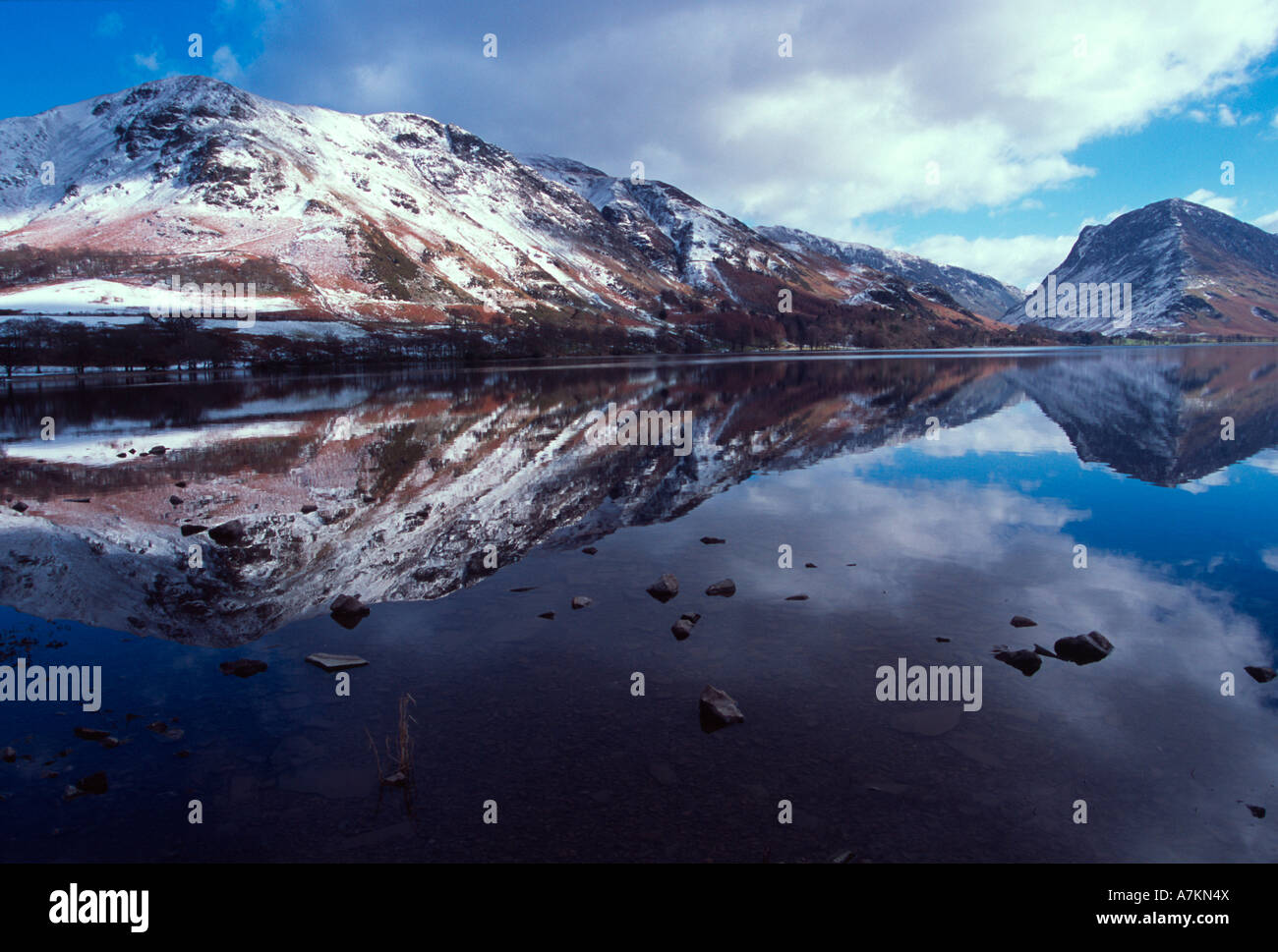 buttermere lake winter snow reflections cumbria lake district england ...