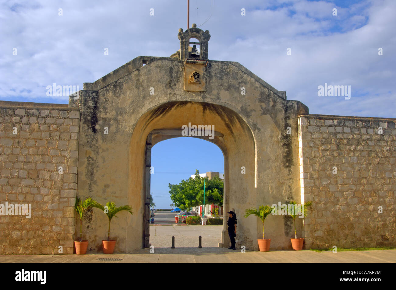 A gateway with its guard in the old ramparts of Campeche Stock Photo ...
