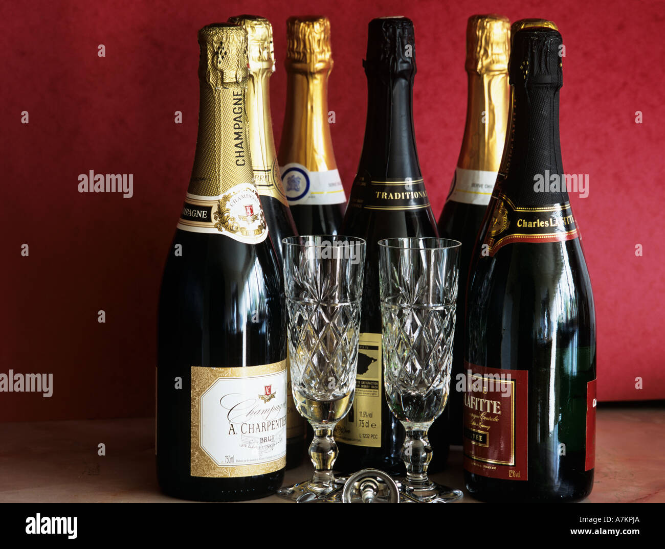 STUDIO March Champagne bottles and flutes with a red background Stock ...