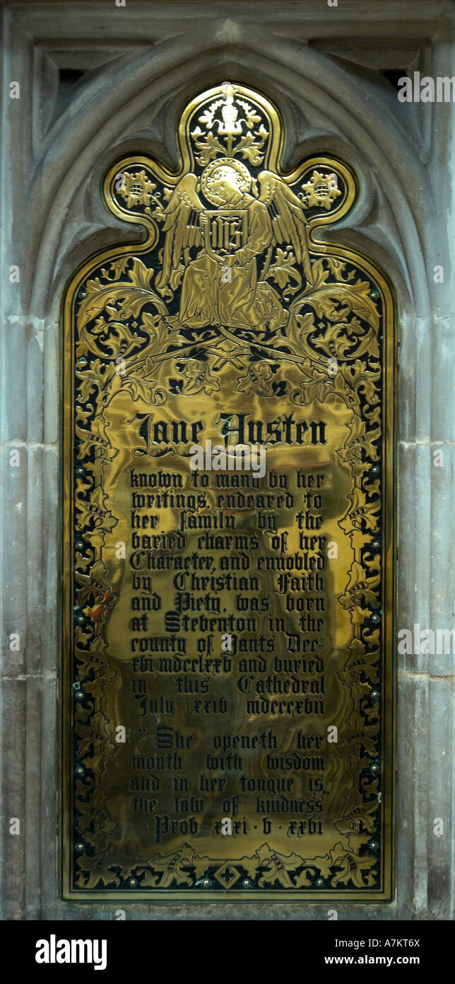 Memorial to Jane Austen Winchester Cathedral EDITORIAL USE ONLY Stock ...