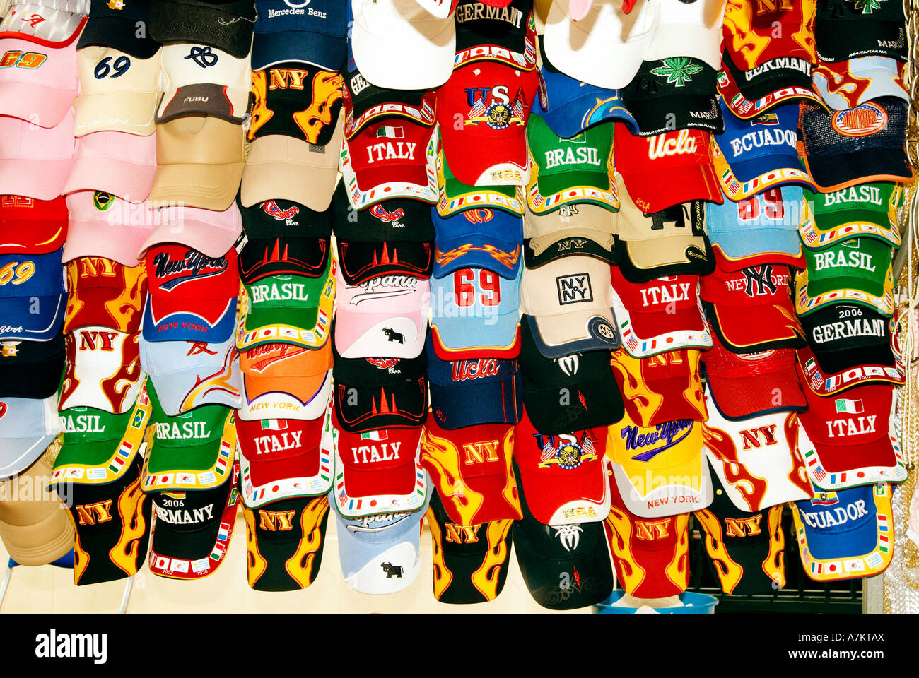 Baseball caps at a street market Stock Photo - Alamy