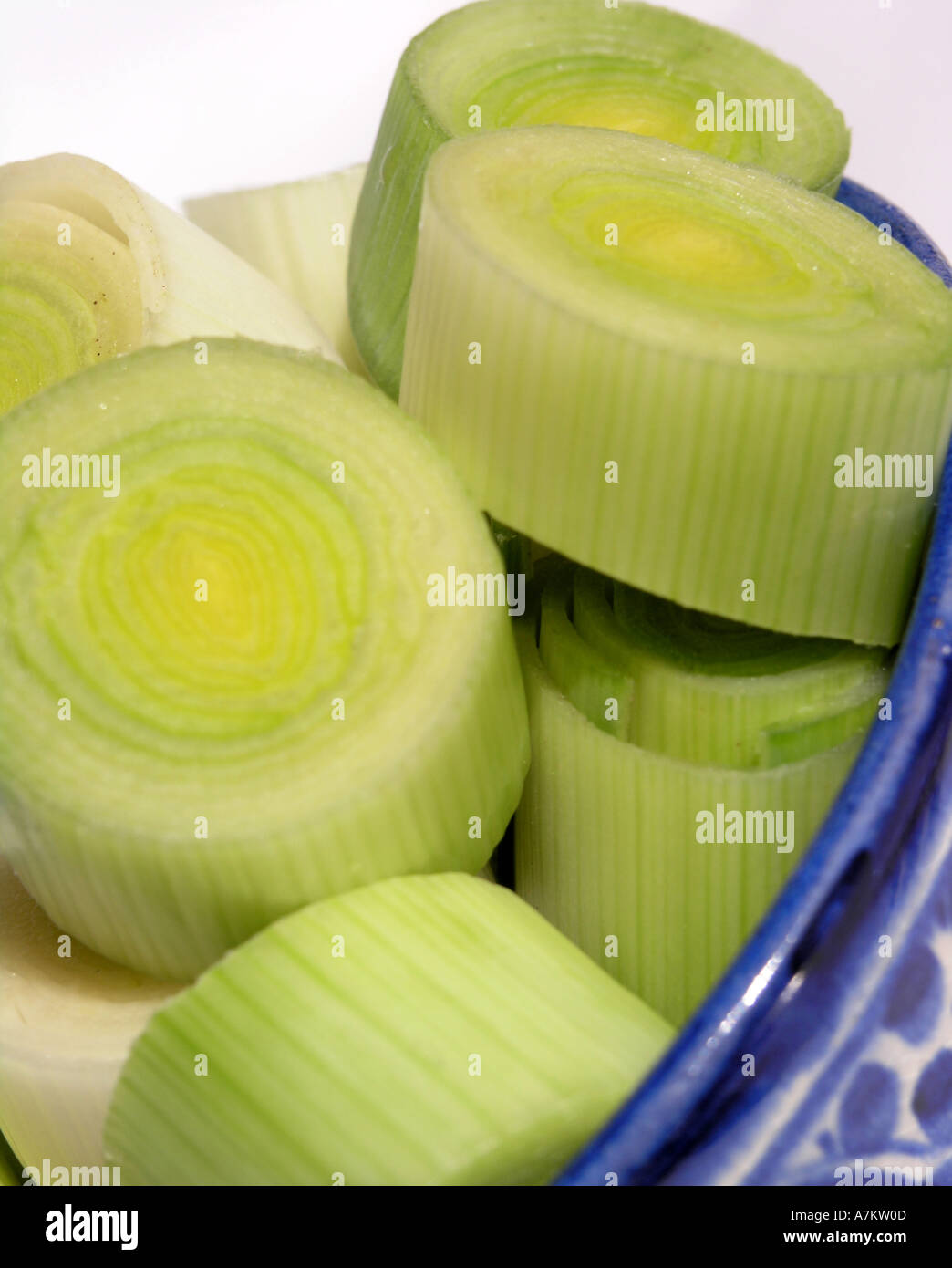 Trimmed, chopped and sliced prepared leek vegetables in a blue ceramic ...
