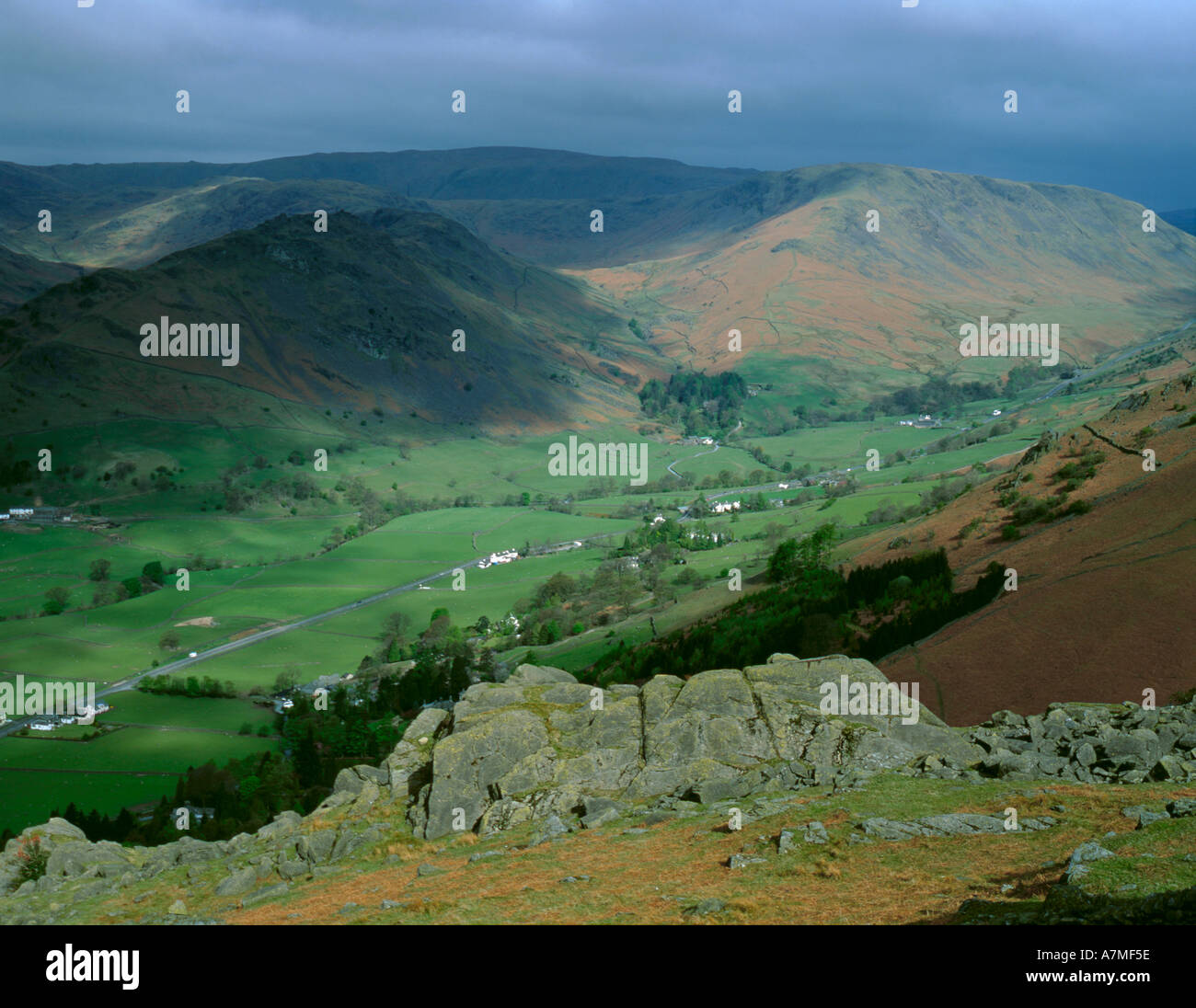 View west over Grasmere village towards Grasmere Common and Wythburn ...