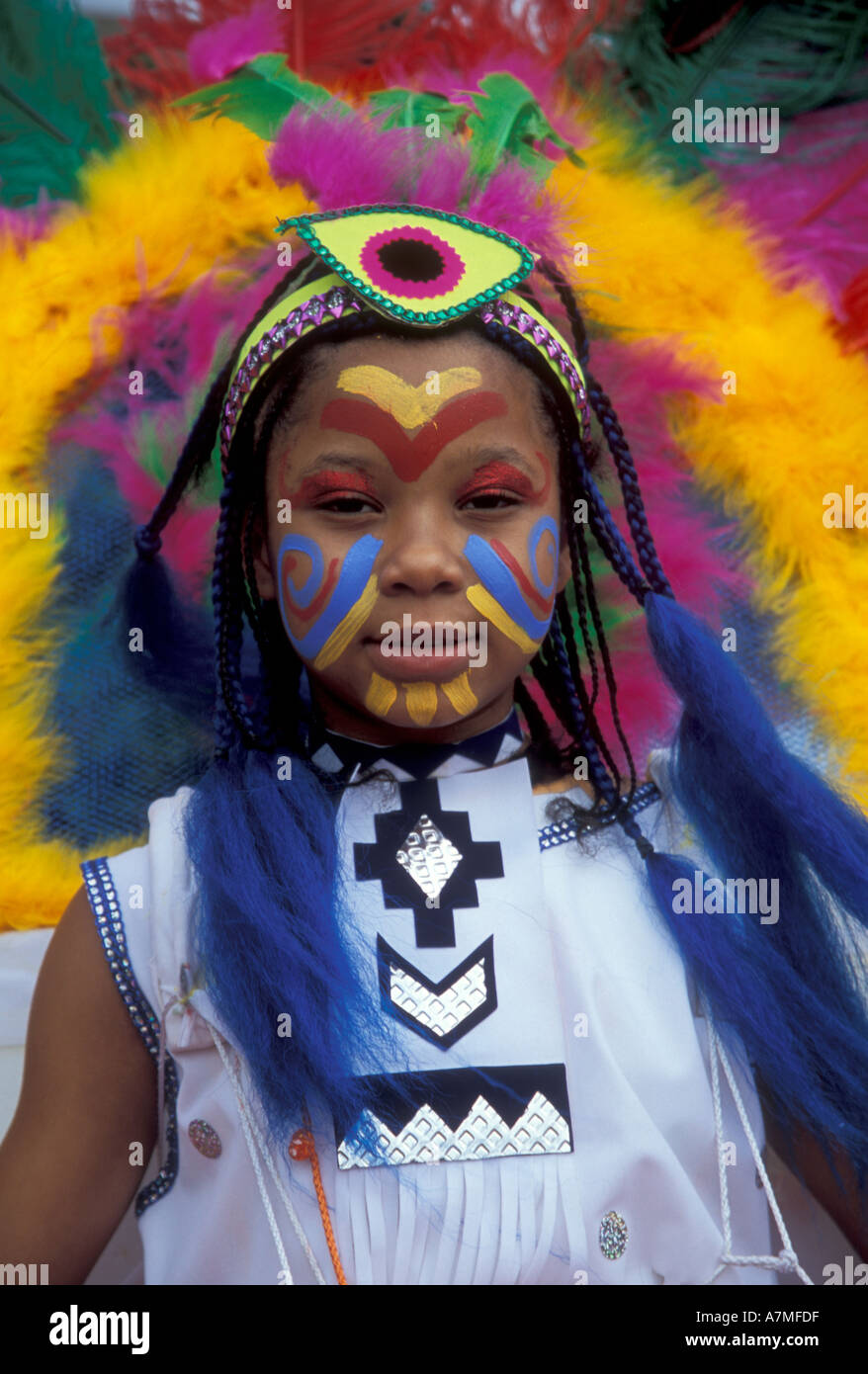 Boy dressed as a Native American Indian at the Notting hill carnival ...