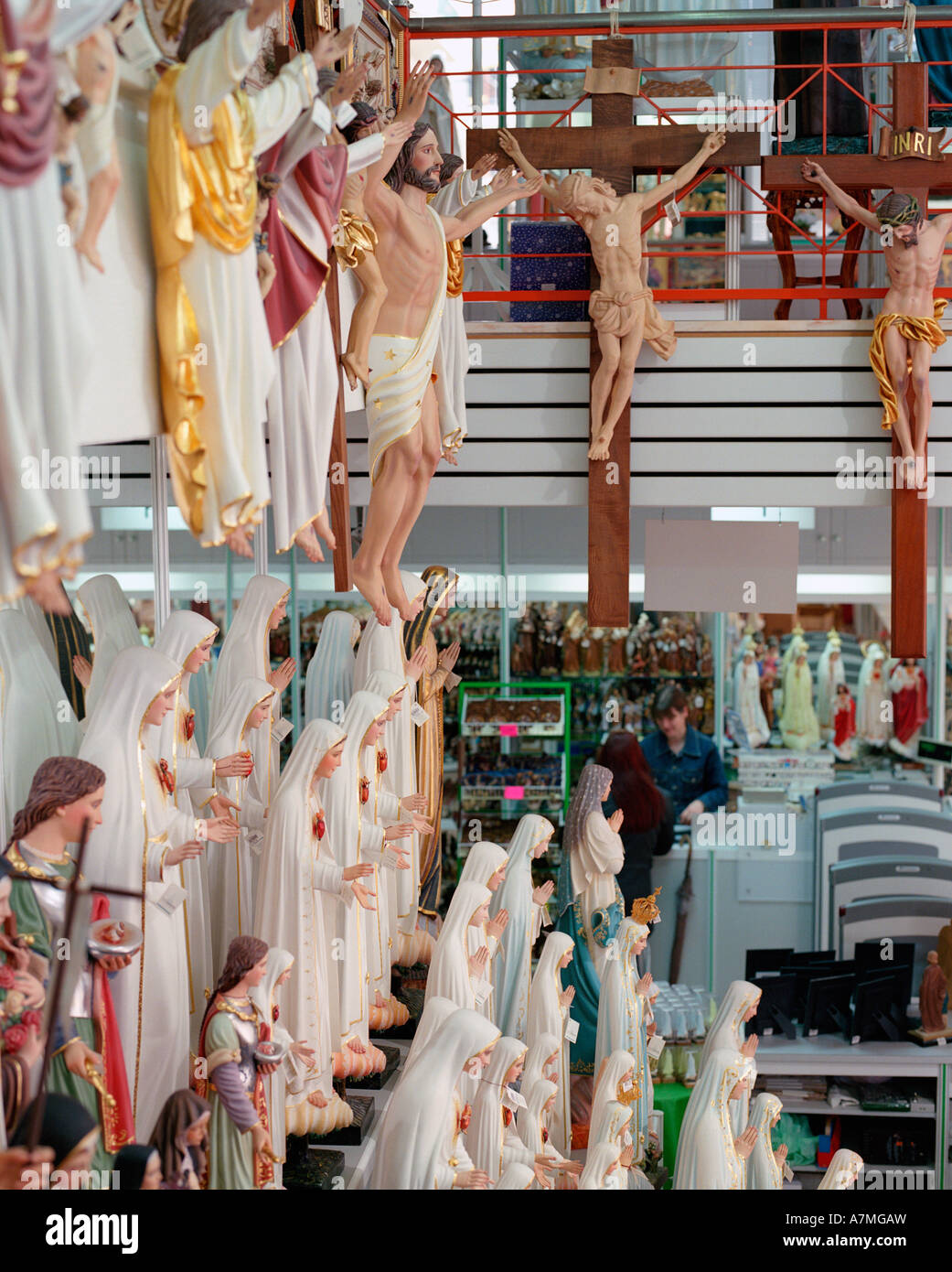 A souvenir shop in Fatima filled with replica statutes of the Madonna ...