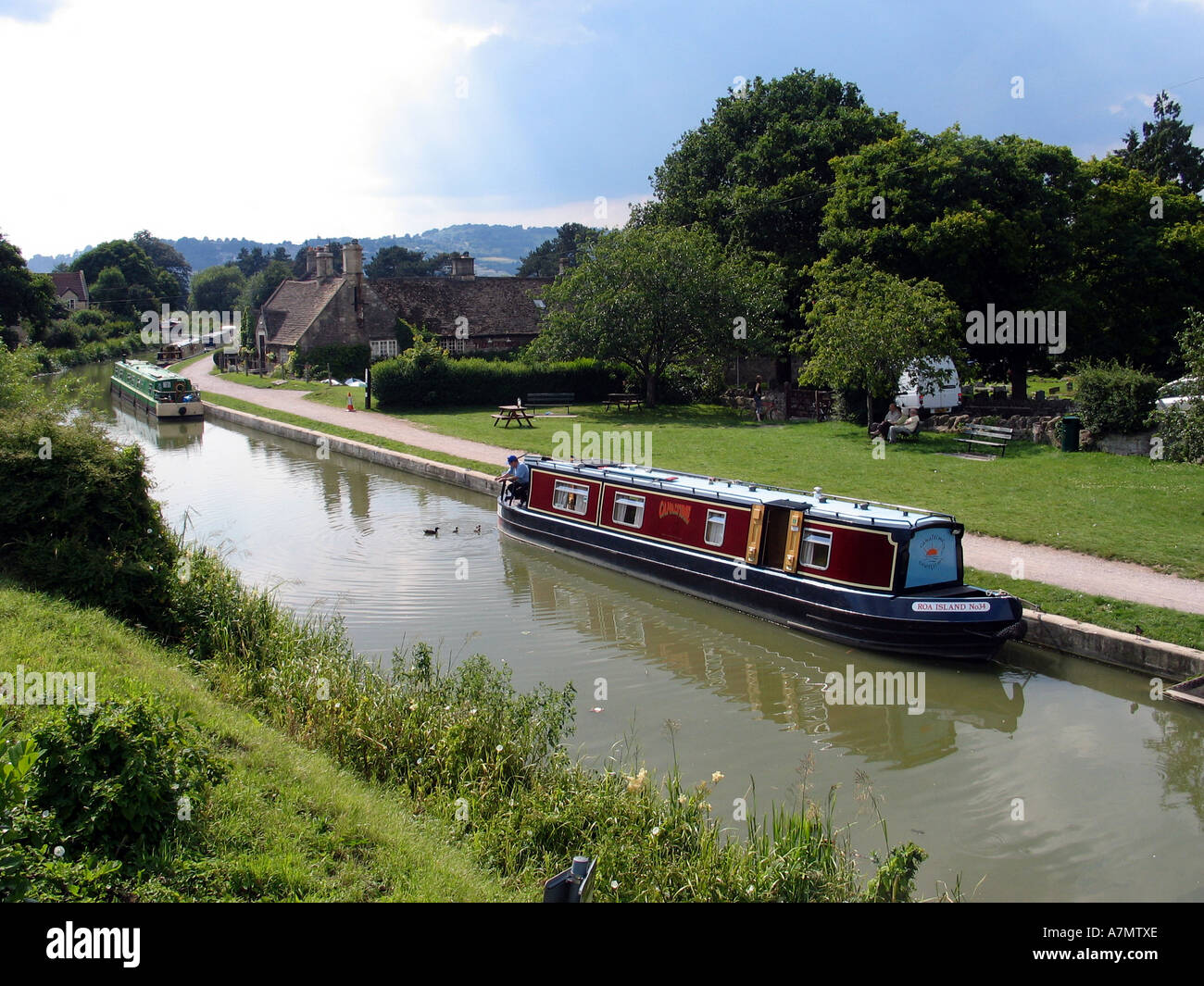 Summer view of a canal side public house in the English countryside in ...