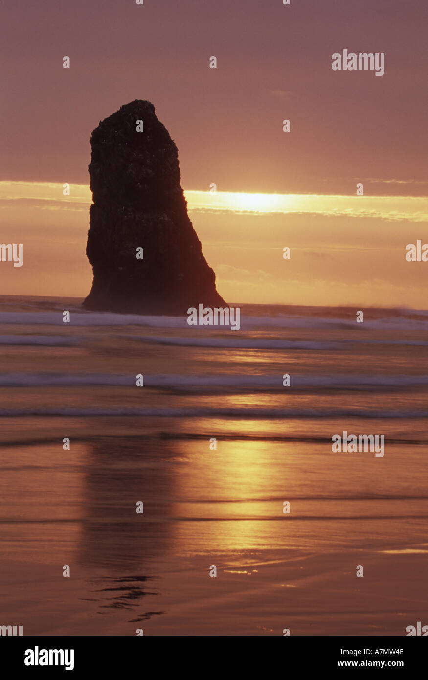 North America, USA, Oregon, Canon Beach, Needle at sunset along the ...