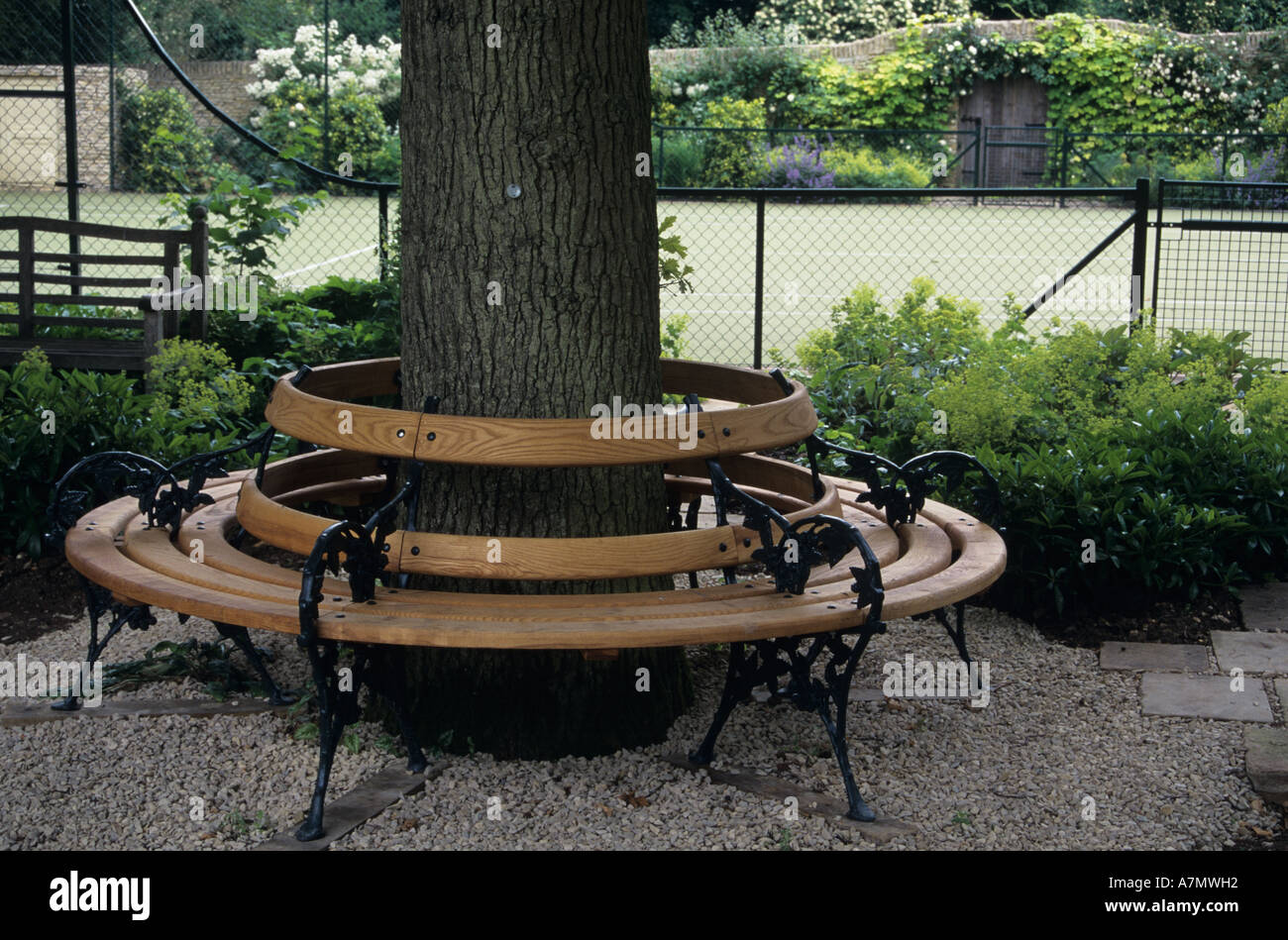 Seat surrounding Oak tree with tennis court in background Stock Photo ...