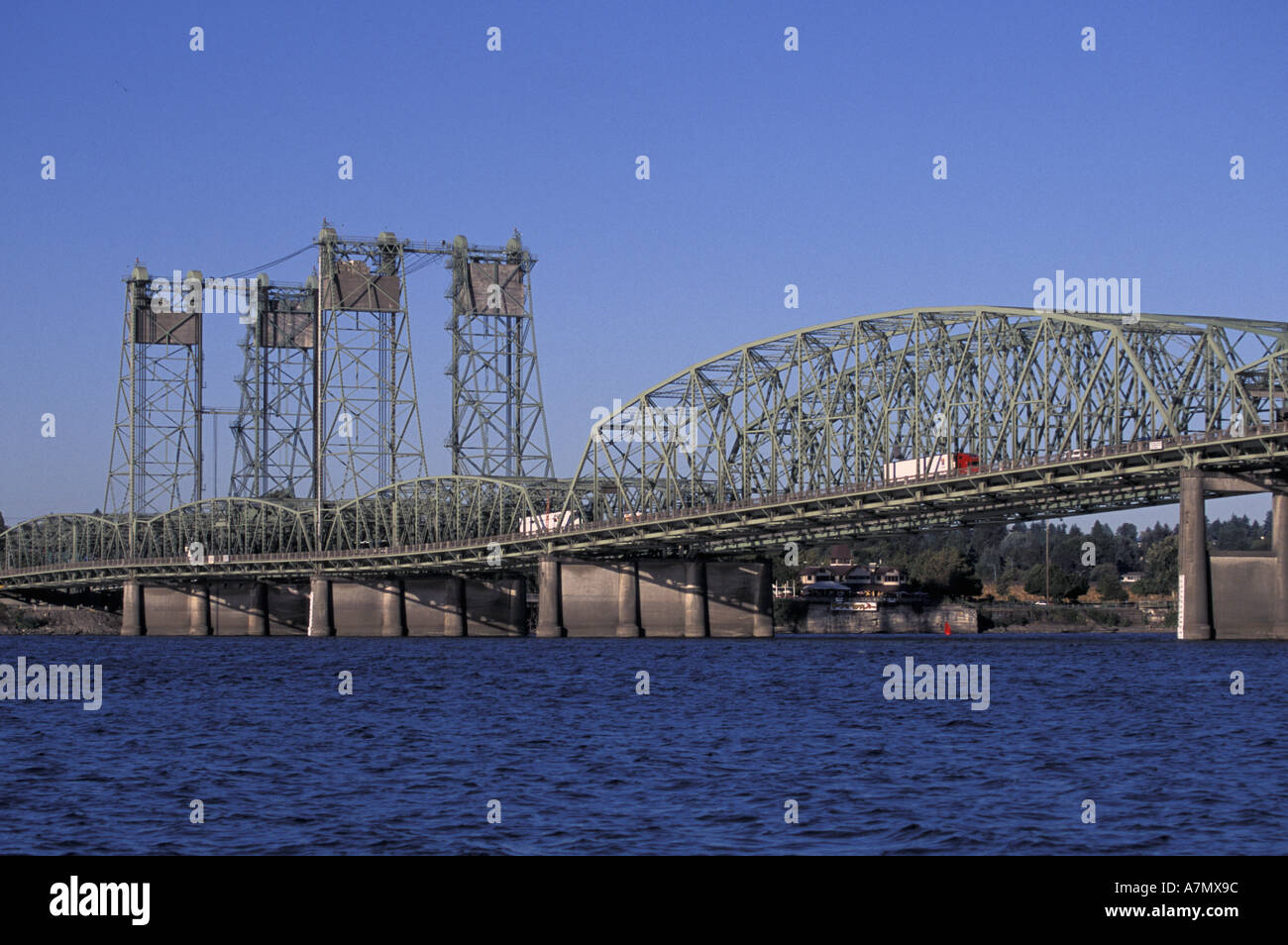 North America, USA, Oregon, Portland. I-5 Bridge crossing the Columbia ...