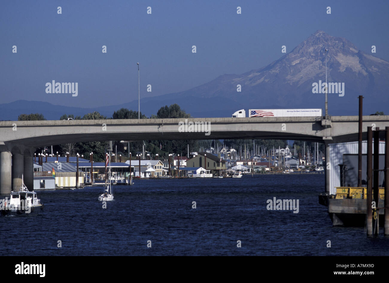 North America, USA, Oregon, Portland. I-5 Bridge from Hayden Island ...