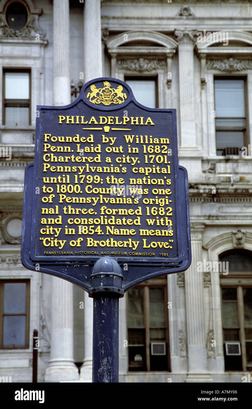 USA, Pennsylvania, Philadelphia. Historic sign, founding of the city ...
