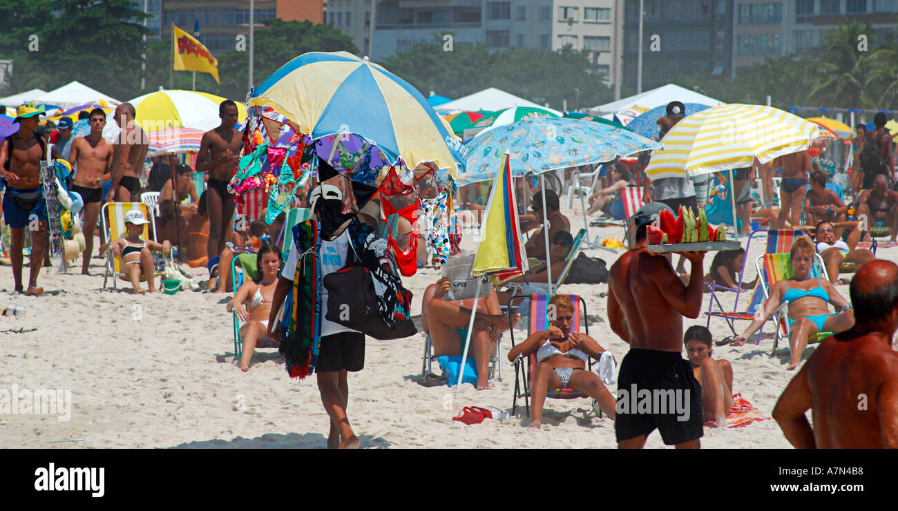 Rio de Janeiro Copacabana beach sunday beachlife traders with fruit and ...