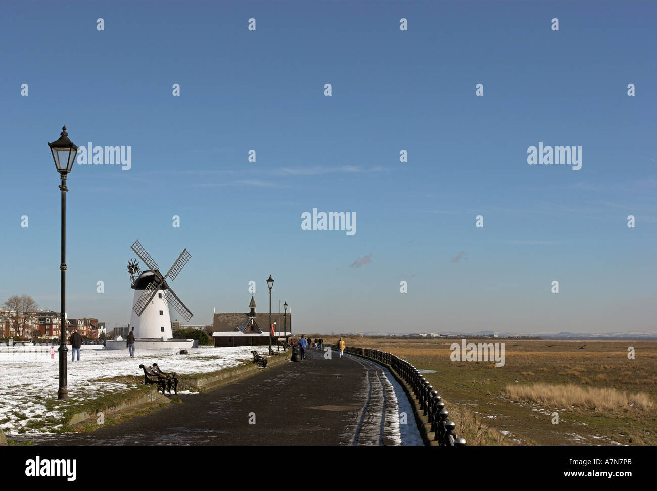 Windmill and lifeboat museum on the seafront at Lytham in the winter ...