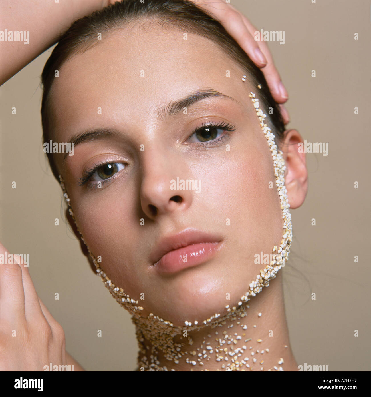 studio indoors cosmetics beauty care woman young girl 20 25 brunette ...