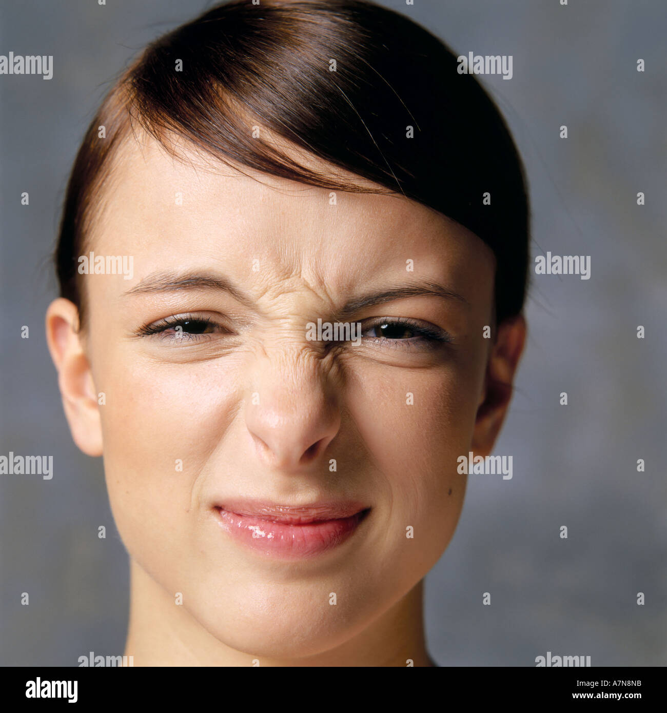 studio indoors woman young girl 20 25 brunette fringe gym mimicry mime ...