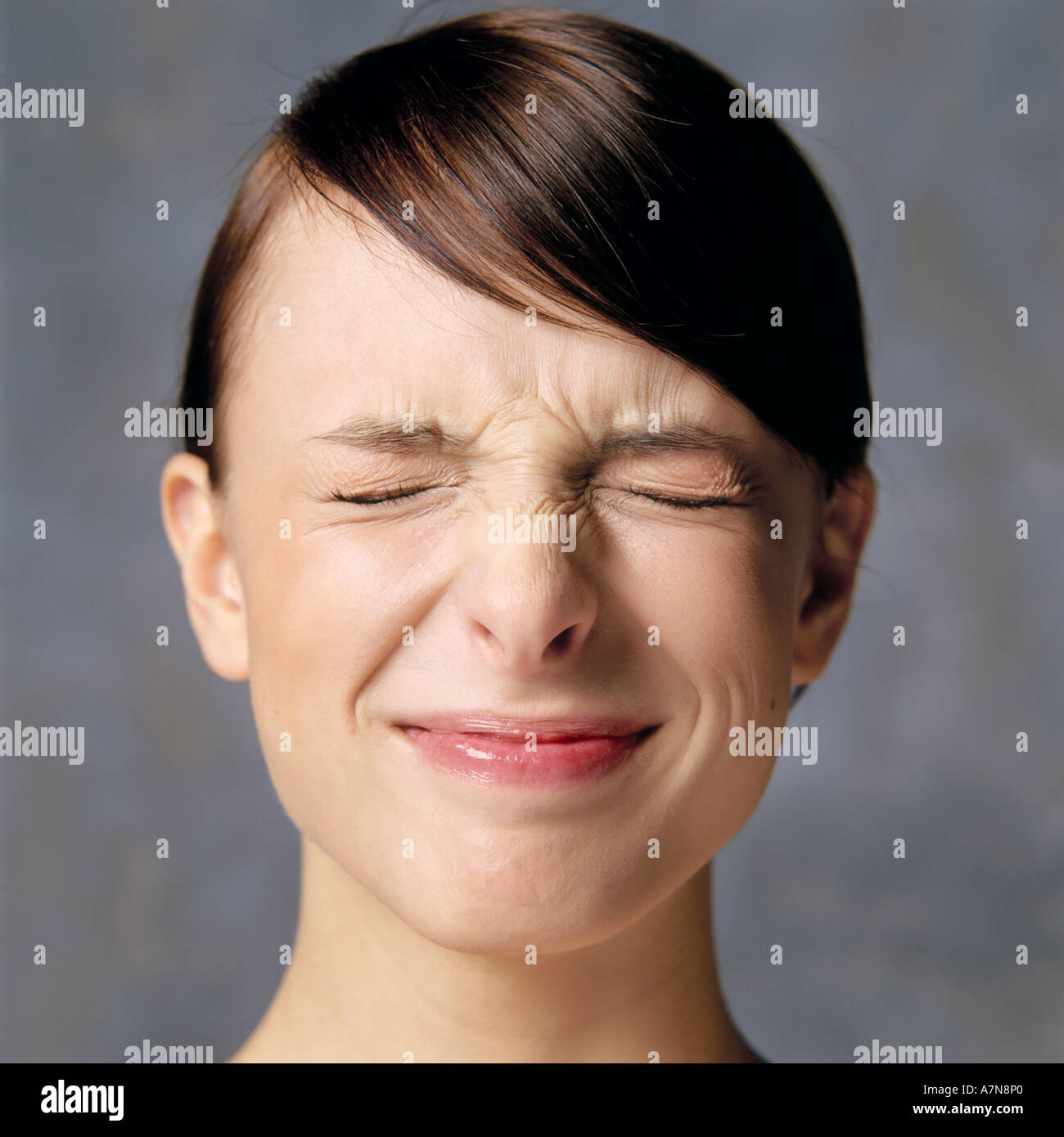 studio indoors woman young girl 20 25 brunette fringe gym mimicry mime ...