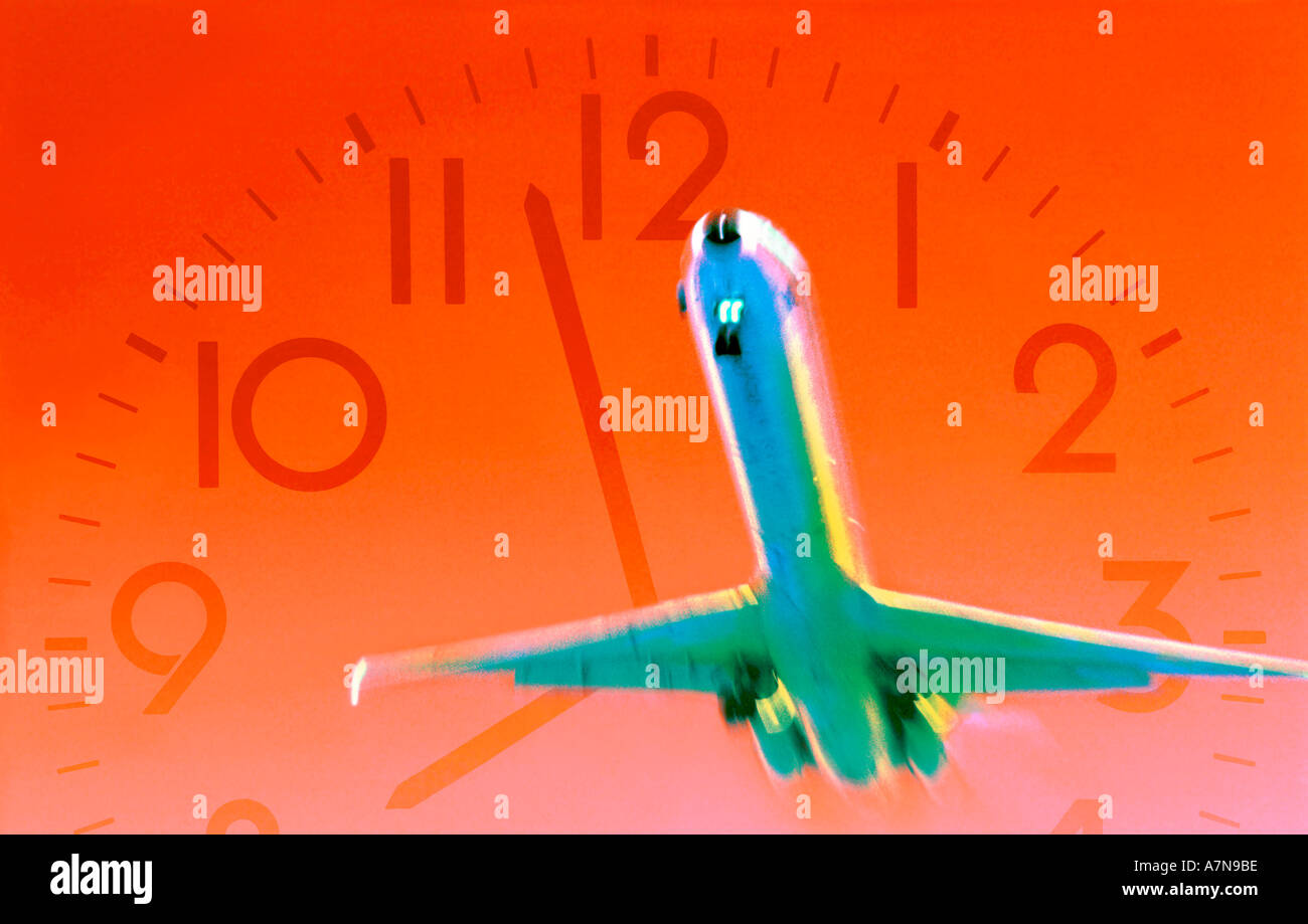 Concept shot of a jetliner climbing skyward superimposed over a clock ...