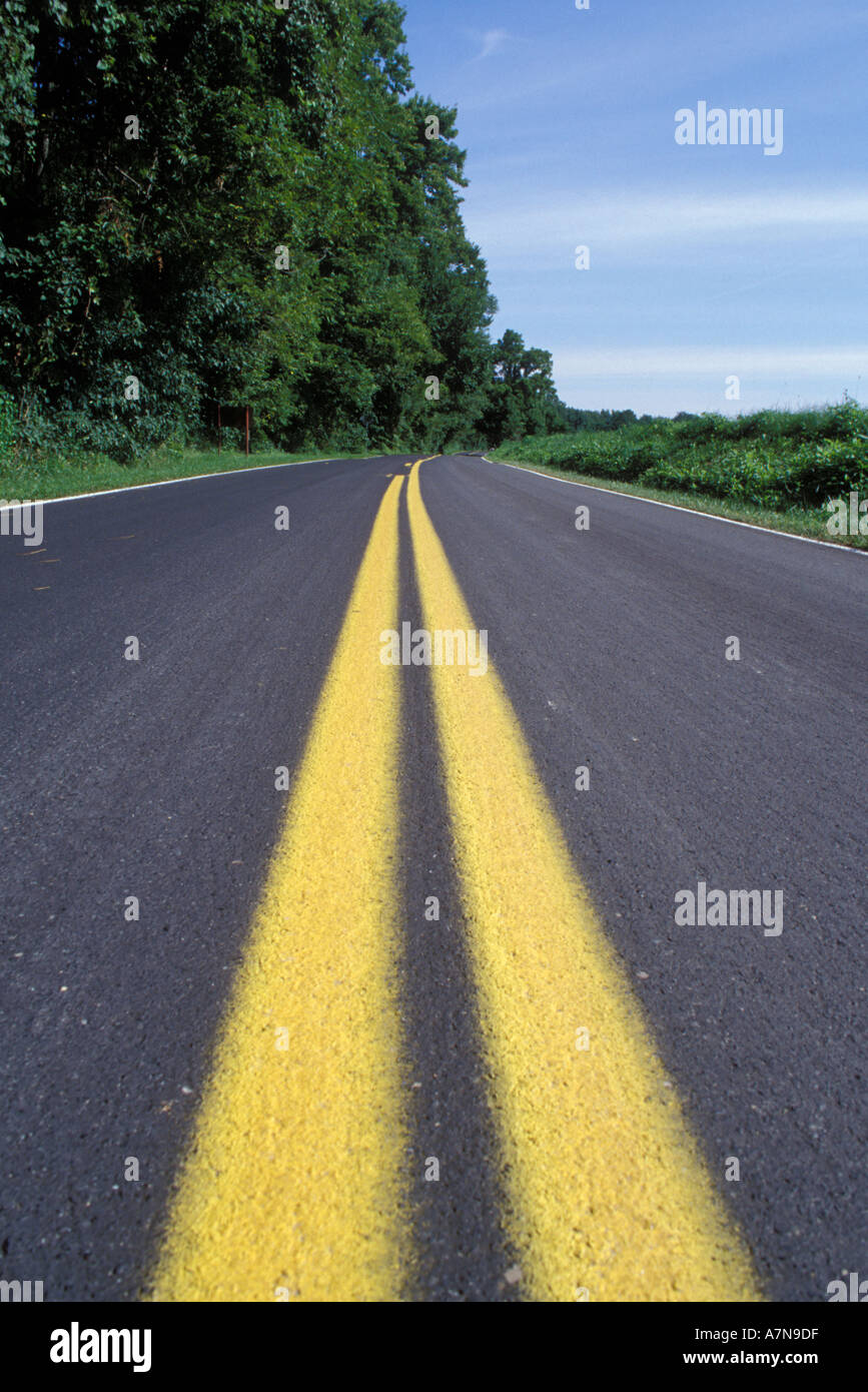 Ground level view of a two lane highway as it bends it way through the ...