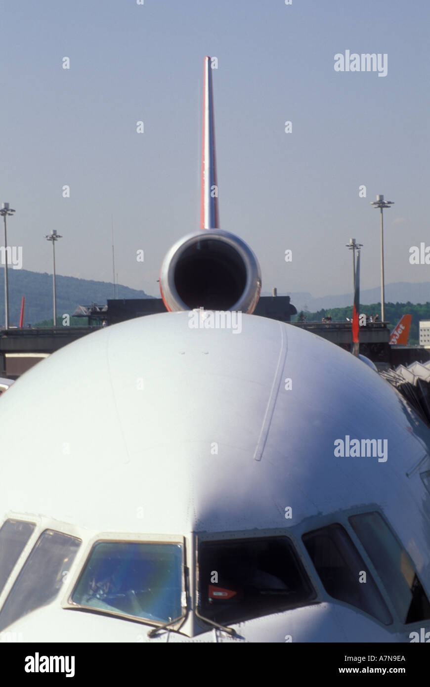 Close up looking down the top of the fuselage of a jetliner parked at ...