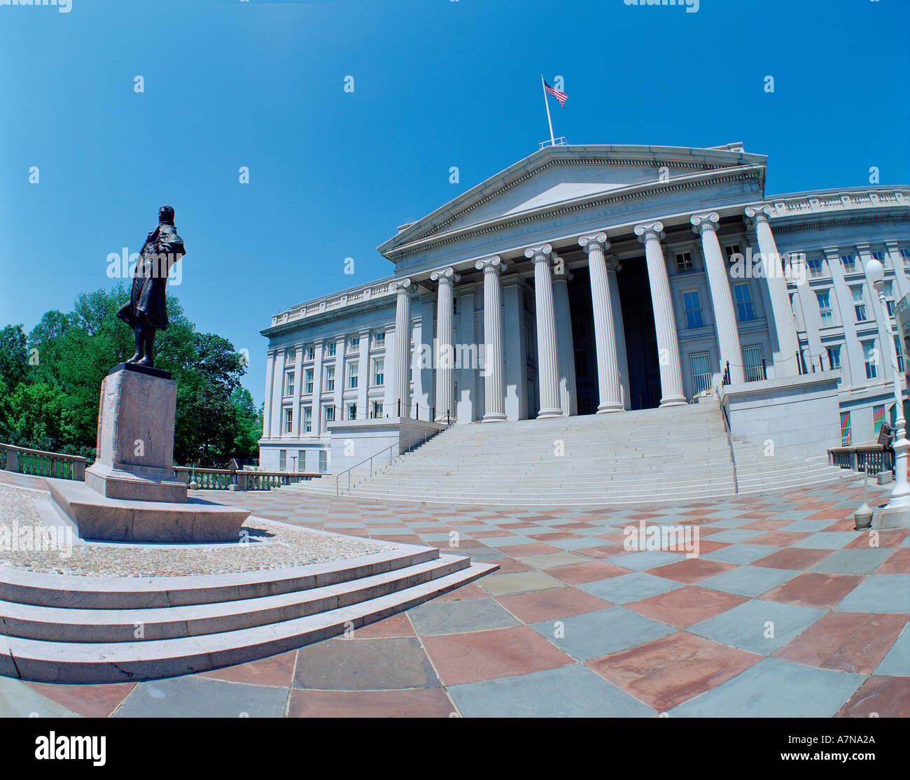 A bronze statue of Alexander Hamilton stands outside the Treasury ...